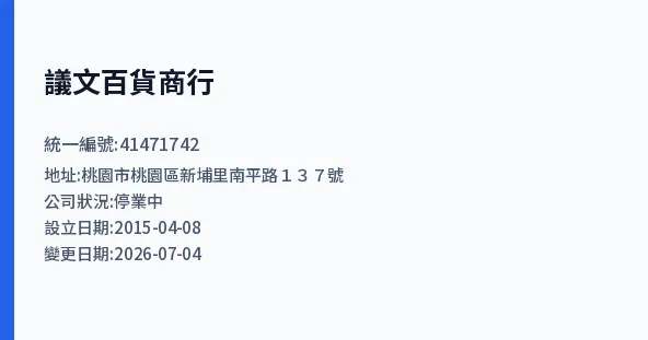 議文百貨商行的照片-統編 41471742(桃園市) 公司登記資料與營業項目詳細圖表