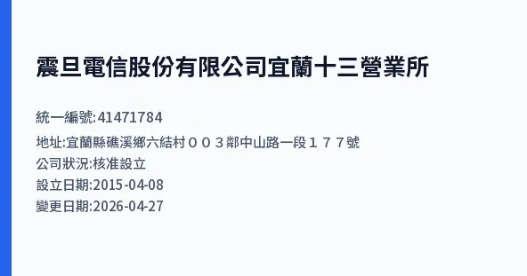 震旦電信股份有限公司宜蘭十三營業所的照片-統編 41471784(宜蘭縣) 公司登記資料與營業項目詳細圖表