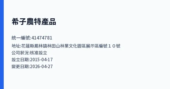 希子農特產品的照片-統編 41474781(花蓮縣) 公司登記資料與營業項目詳細圖表