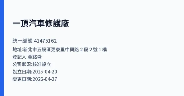 一頂汽車修護廠的照片-統編 41475162(新北市) 公司登記資料與營業項目詳細圖表