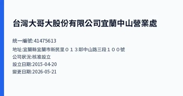 台灣大哥大股份有限公司宜蘭中山營業處的照片-統編 41475613(宜蘭縣) 公司登記資料與營業項目詳細圖表