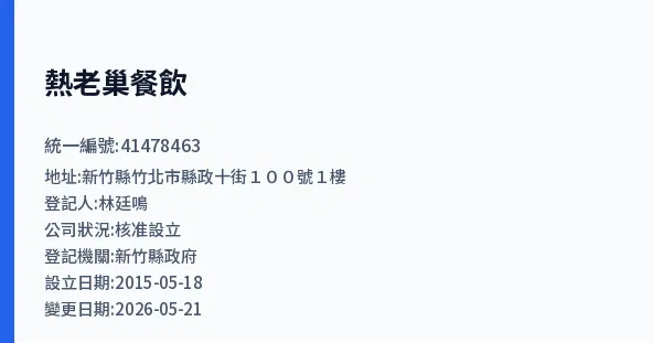 熱老巢餐飲的照片-統編 41478463(新竹縣) 公司登記資料與營業項目詳細圖表