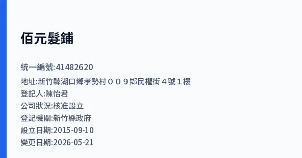 佰元髮鋪的照片-統編 41482620(新竹縣) 公司登記資料與營業項目詳細圖表