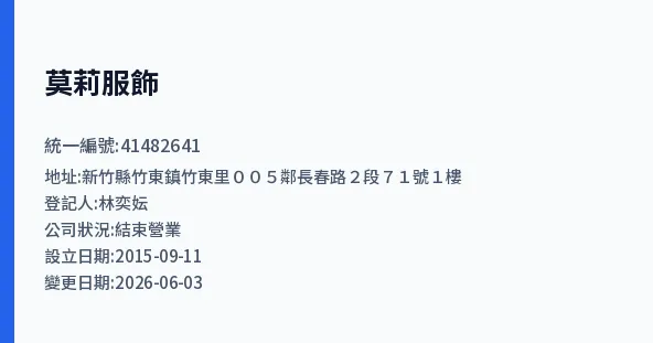 莫莉服飾的照片-統編 41482641(新竹縣) 公司登記資料與營業項目詳細圖表