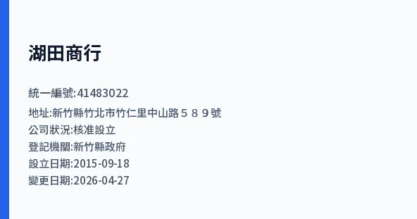 湖田商行的照片-統編 41483022(新竹縣) 公司登記資料與營業項目詳細圖表