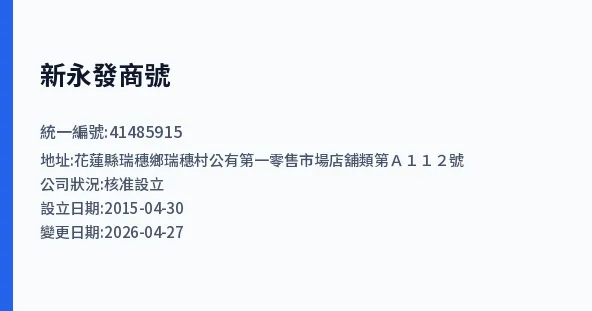 新永發商號的照片-統編 41485915(花蓮縣) 公司登記資料與營業項目詳細圖表
