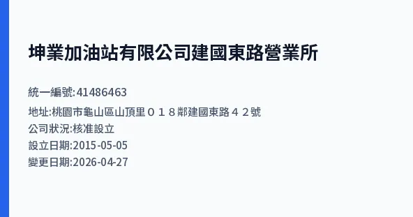 坤業加油站有限公司建國東路營業所的照片-統編 41486463(桃園市) 公司登記資料與營業項目詳細圖表