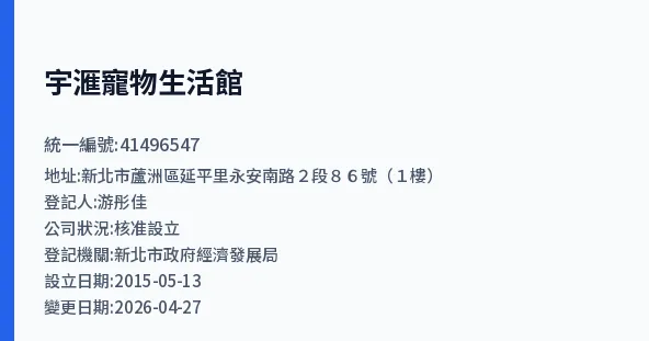 宇滙寵物生活館的照片-統編 41496547(新北市) 公司登記資料與營業項目詳細圖表