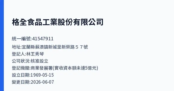 格全食品工業股份有限公司的照片-統編 41547911(宜蘭縣) 公司登記資料與營業項目詳細圖表