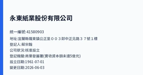 永東紙業股份有限公司的照片-統編 41580903(宜蘭縣) 公司登記資料與營業項目詳細圖表