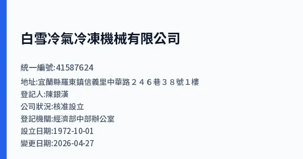 白雪冷氣冷凍機械有限公司的照片-統編 41587624(宜蘭縣) 公司登記資料與營業項目詳細圖表
