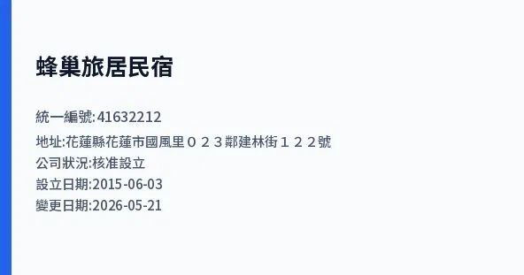 蜂巢旅居民宿的照片-統編 41632212(花蓮縣) 公司登記資料與營業項目詳細圖表