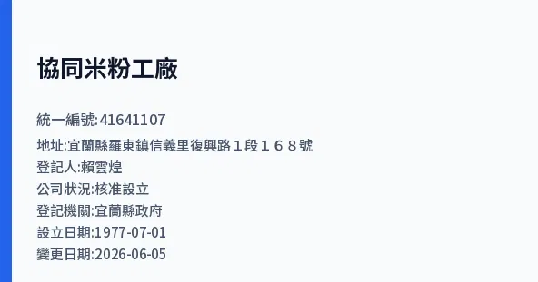 協同米粉工廠的照片-統編 41641107(宜蘭縣) 公司登記資料與營業項目詳細圖表