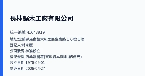 長林鋸木工廠有限公司的照片-統編 41648919(宜蘭縣) 公司登記資料與營業項目詳細圖表