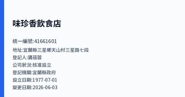 味珍香飲食店的照片-統編 41661601(宜蘭縣) 公司登記資料與營業項目詳細圖表