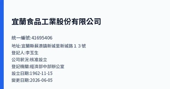 宜蘭食品工業股份有限公司的照片-統編 41695406(宜蘭縣) 公司登記資料與營業項目詳細圖表