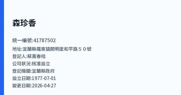 森珍香的照片-統編 41787502(宜蘭縣) 公司登記資料與營業項目詳細圖表