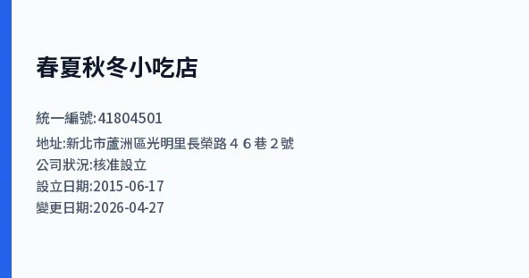 春夏秋冬小吃店的照片-統編 41804501(新北市) 公司登記資料與營業項目詳細圖表