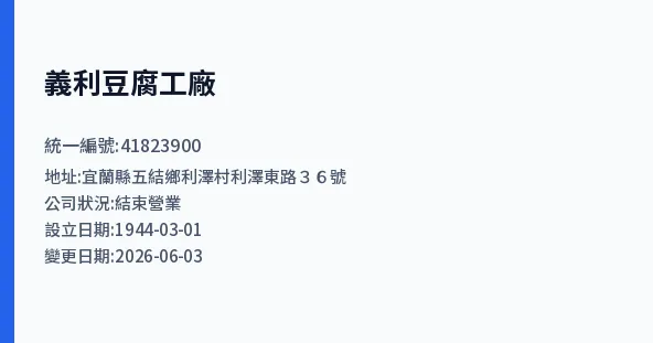 義利豆腐工廠的照片-統編 41823900(宜蘭縣) 公司登記資料與營業項目詳細圖表