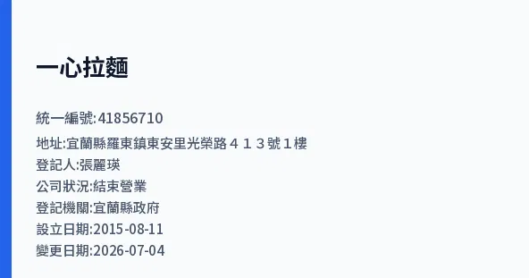 一心拉麵的照片-統編 41856710(宜蘭縣) 公司登記資料與營業項目詳細圖表