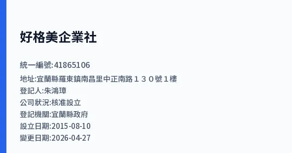 好格美企業社的照片-統編 41865106(宜蘭縣) 公司登記資料與營業項目詳細圖表