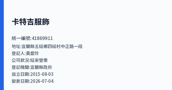 卡特吉服飾的照片-統編 41869911(宜蘭縣) 公司登記資料與營業項目詳細圖表