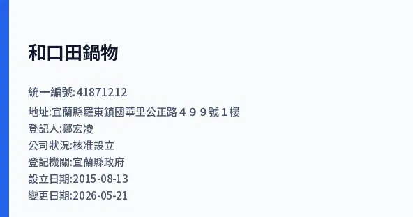 和口田鍋物的照片-統編 41871212(宜蘭縣) 公司登記資料與營業項目詳細圖表
