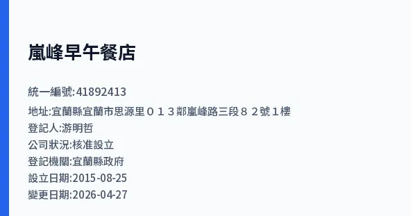 嵐峰早午餐店的照片-統編 41892413(宜蘭縣) 公司登記資料與營業項目詳細圖表