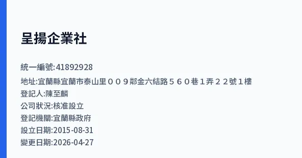 呈揚企業社的照片-統編 41892928(宜蘭縣) 公司登記資料與營業項目詳細圖表