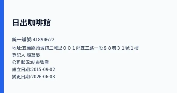 日出咖啡館的照片-統編 41894622(宜蘭縣) 公司登記資料與營業項目詳細圖表