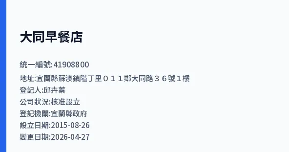 大同早餐店的照片-統編 41908800(宜蘭縣) 公司登記資料與營業項目詳細圖表