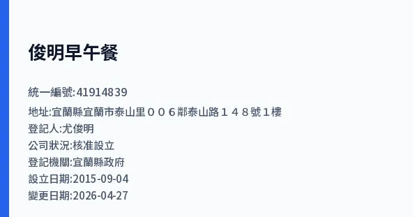 俊明早午餐的照片-統編 41914839(宜蘭縣) 公司登記資料與營業項目詳細圖表