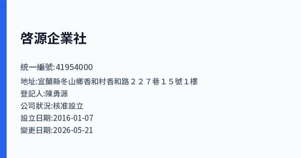 啓源企業社的照片-統編 41954000(宜蘭縣) 公司登記資料與營業項目詳細圖表