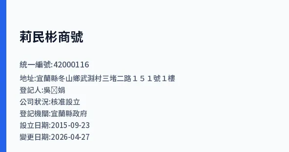 莉民彬商號的照片-統編 42000116(宜蘭縣) 公司登記資料與營業項目詳細圖表