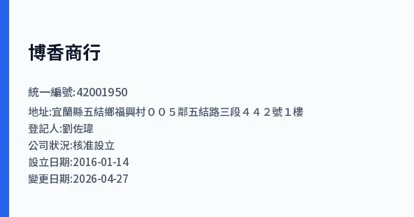 博香商行的照片-統編 42001950(宜蘭縣) 公司登記資料與營業項目詳細圖表