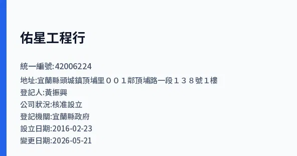 佑星工程行的照片-統編 42006224(宜蘭縣) 公司登記資料與營業項目詳細圖表