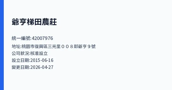 爺亨梯田農莊的照片-統編 42007976(桃園市) 公司登記資料與營業項目詳細圖表