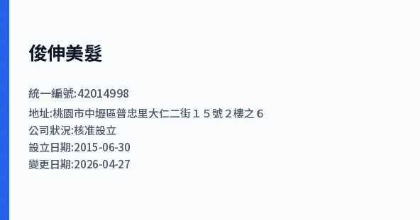 俊伸美髮的照片-統編 42014998(桃園市) 公司登記資料與營業項目詳細圖表