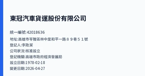 東冠汽車貨運股份有限公司的照片-統編 42018636(高雄市) 公司登記資料與營業項目詳細圖表