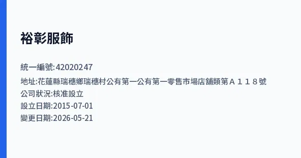 裕彰服飾的照片-統編 42020247(花蓮縣) 公司登記資料與營業項目詳細圖表