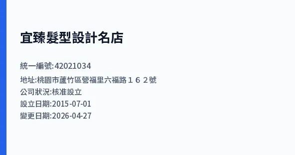 宜臻髮型設計名店的照片-統編 42021034(桃園市) 公司登記資料與營業項目詳細圖表
