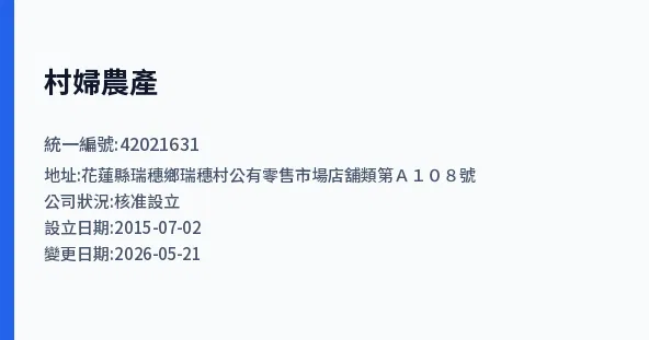 村婦農產的照片-統編 42021631(花蓮縣) 公司登記資料與營業項目詳細圖表