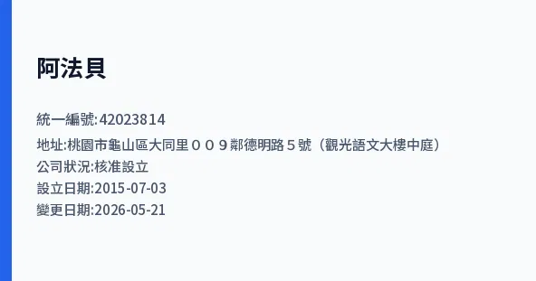 阿法貝的照片-統編 42023814(桃園市) 公司登記資料與營業項目詳細圖表