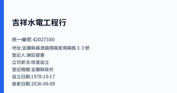 吉祥水電工程行的照片-統編 42027380(宜蘭縣) 公司登記資料與營業項目詳細圖表