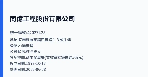 同億工程股份有限公司的照片-統編 42027425(宜蘭縣) 公司登記資料與營業項目詳細圖表