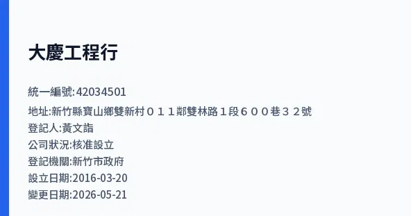 大慶工程行的照片-統編 42034501(新竹縣) 公司登記資料與營業項目詳細圖表