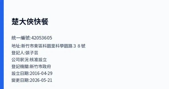 楚大俠快餐的照片-統編 42053605(新竹市) 公司登記資料與營業項目詳細圖表