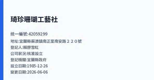 琦珍珊瑚工藝社的照片-統編 42059299(宜蘭縣) 公司登記資料與營業項目詳細圖表