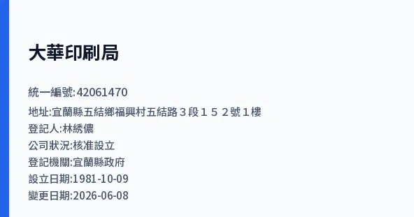 大華印刷局的照片-統編 42061470(宜蘭縣) 公司登記資料與營業項目詳細圖表