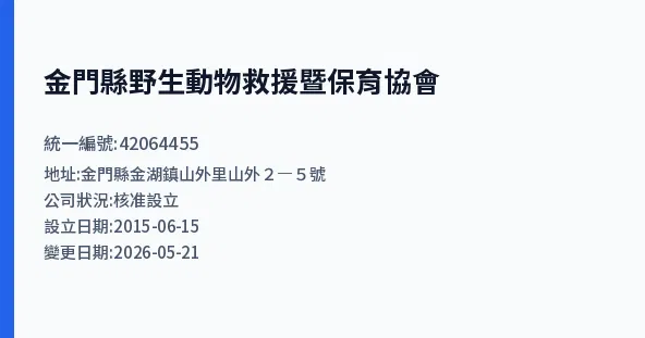 金門縣野生動物救援暨保育協會的照片-統編 42064455(金門縣) 公司登記資料與營業項目詳細圖表